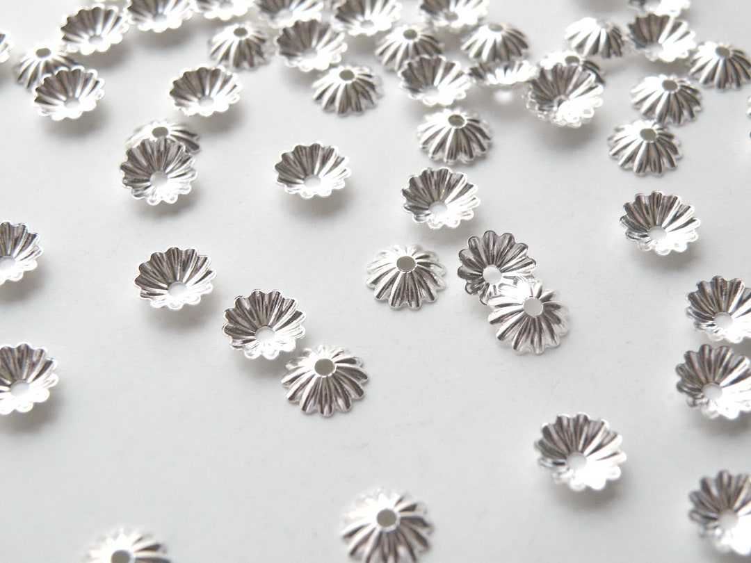 100 Scalloped Ribbed Bead Caps Shiny Silver Plated Nickel Free Brass 5. ...