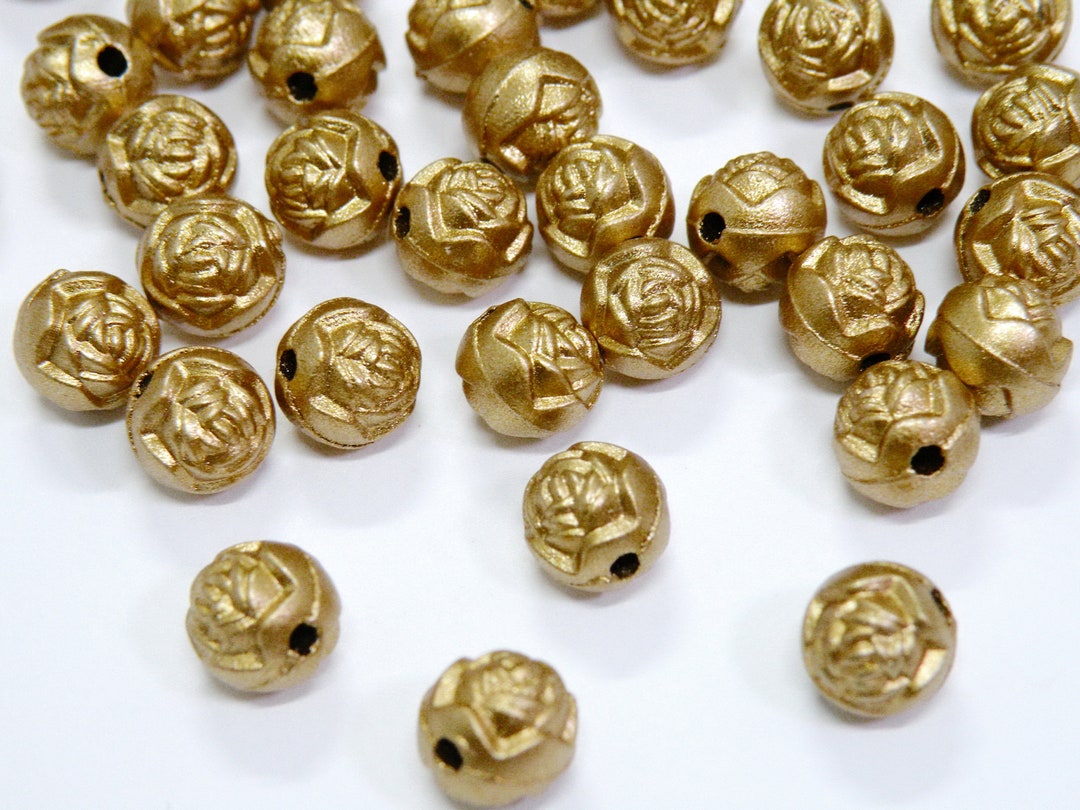 Gold Matte Metallic Rose Bud Flower Beads Acrylic Carved Round 8mm ...