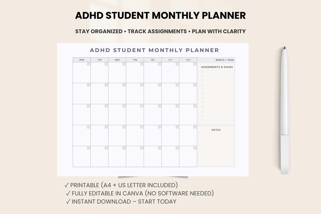 ADHD Student Monthly Planner Printable Undated Assignment and Exam ...