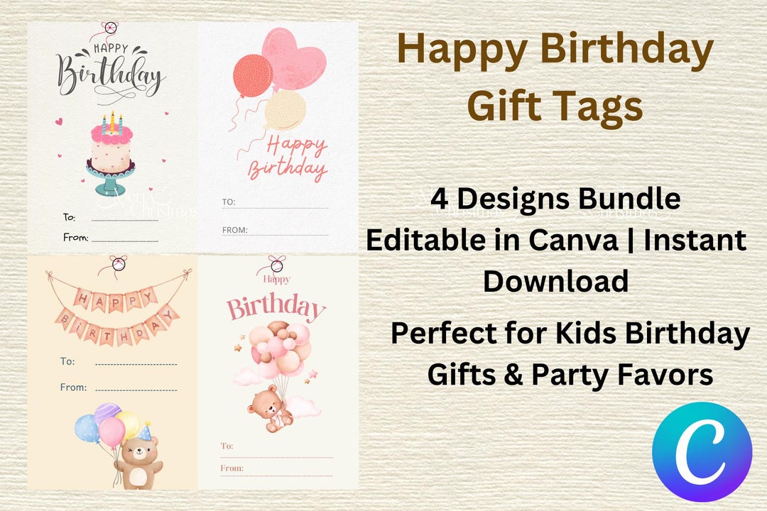 Happy Birthday Gift Tags - Editable Canva Printable - 4 Designs Bundle ...