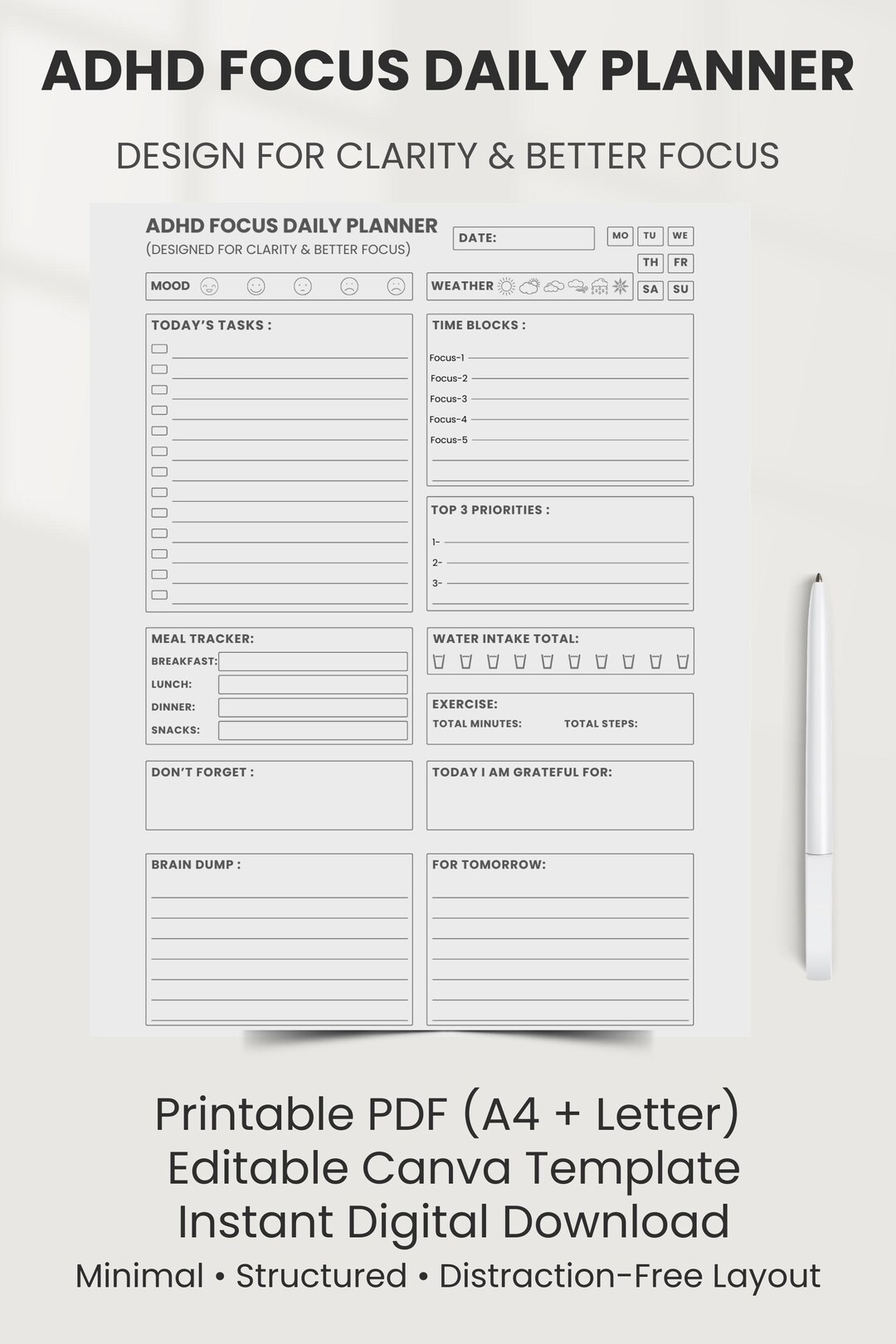 ADHD Daily Planner Grey Printable PDF | Editable Canva Template | A4 US ...