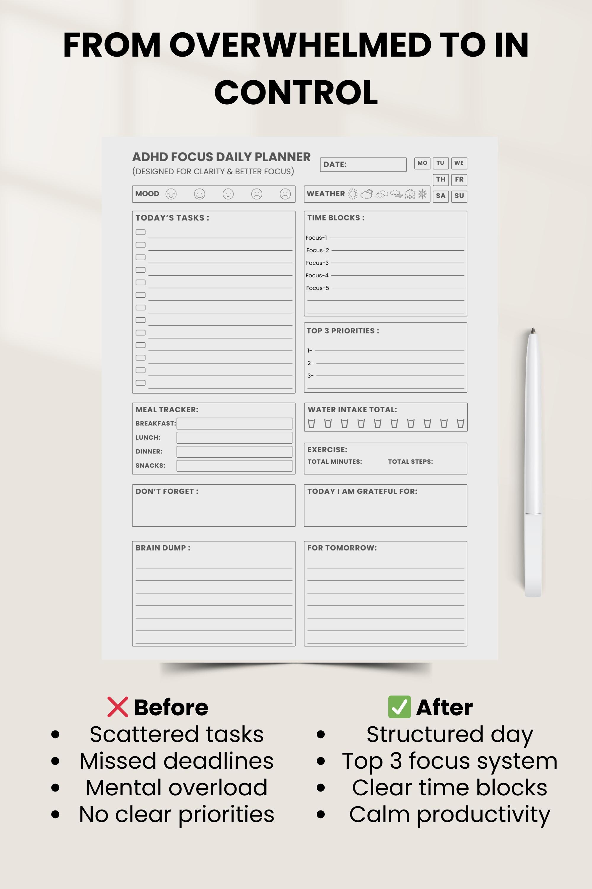 ADHD Focus Daily Planner Printable PDF + Editable Canva Template ...