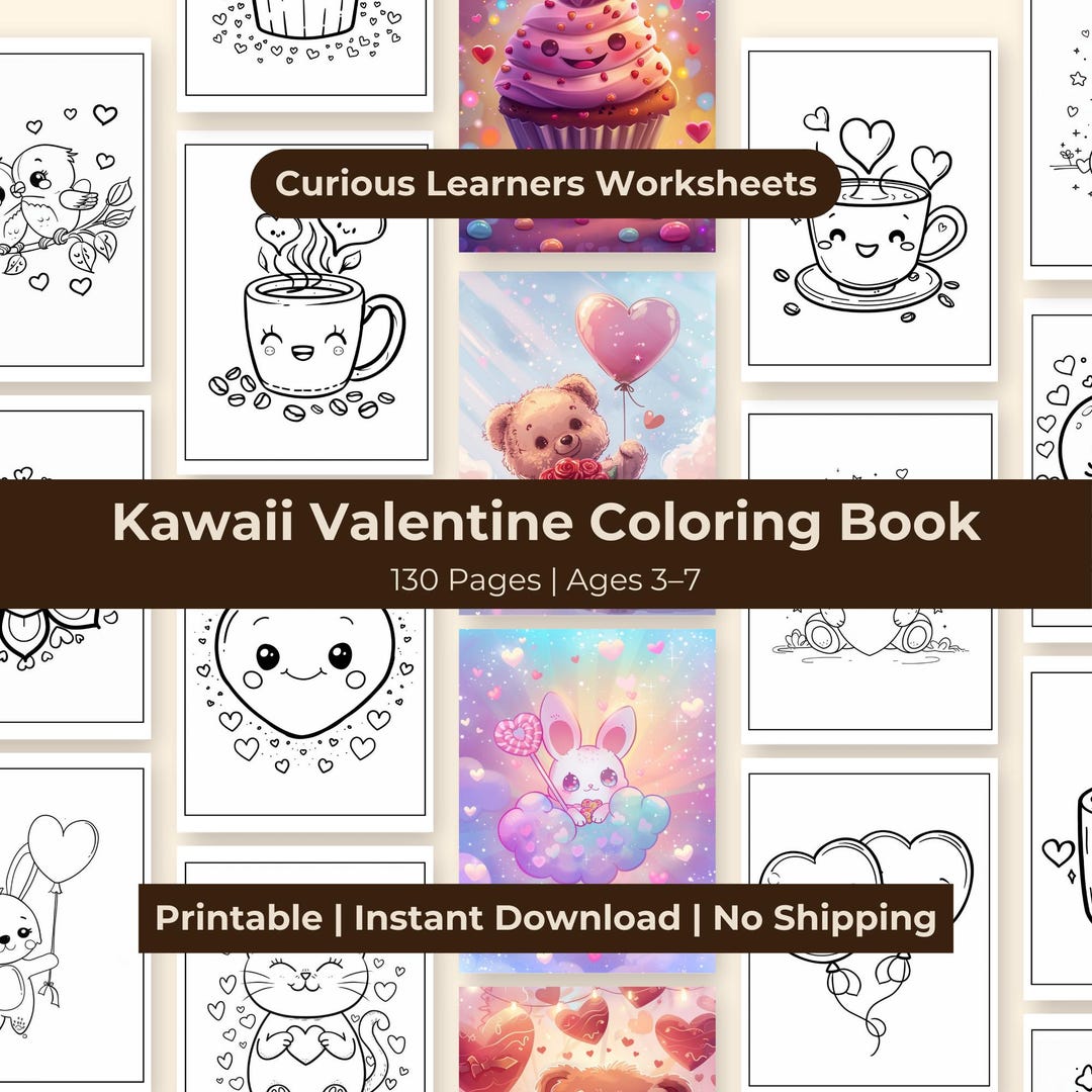 Kawaii Valentine Coloring Book for Kids, 130 Pages Cute Hearts Love ...
