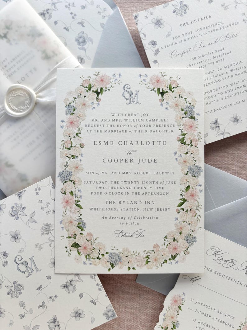 The Esme Watercolor Wedding Invitation Suite, Blue, White and Pink ...