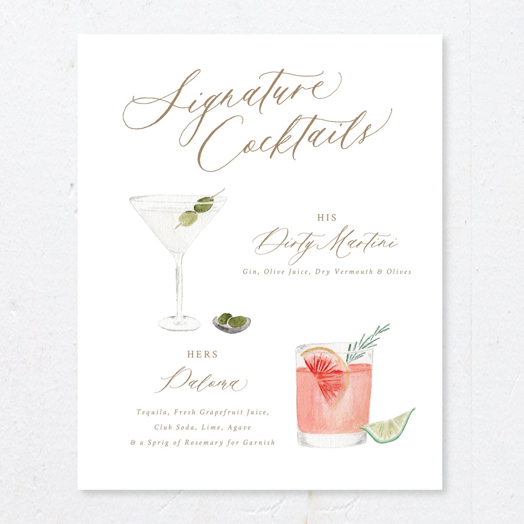 Personalized Watercolor Signature Drinks Sign, Signature Cocktail ...