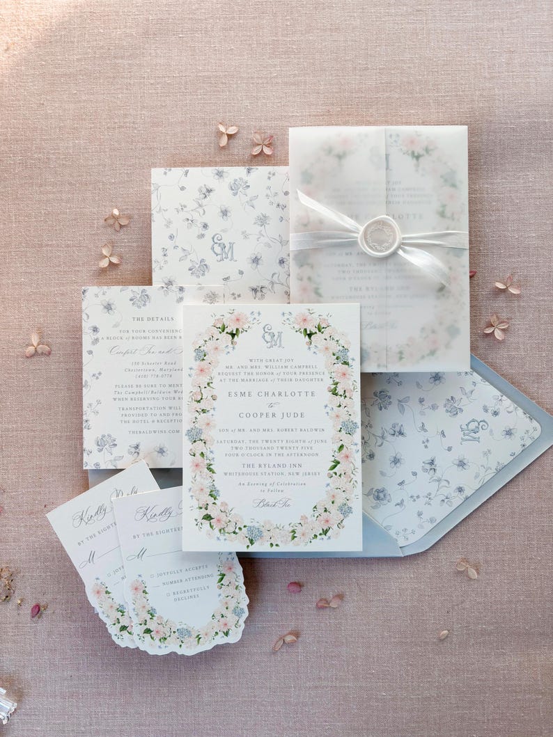The Esme Watercolor Wedding Invitation Suite, Blue, White and Pink ...