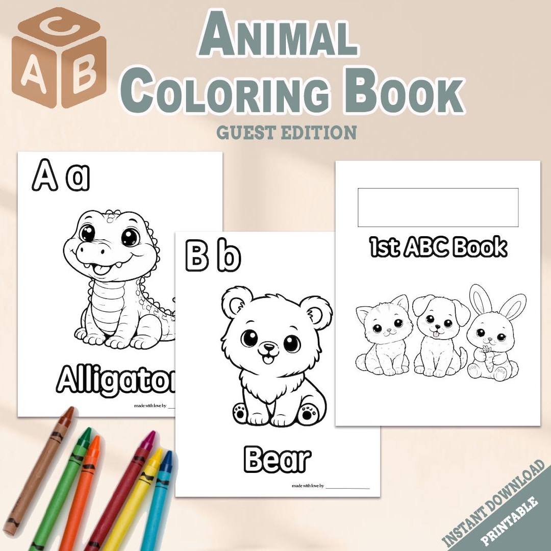ABC Animal Coloring Pages, Printable, Baby Shower Guest Book - Etsy