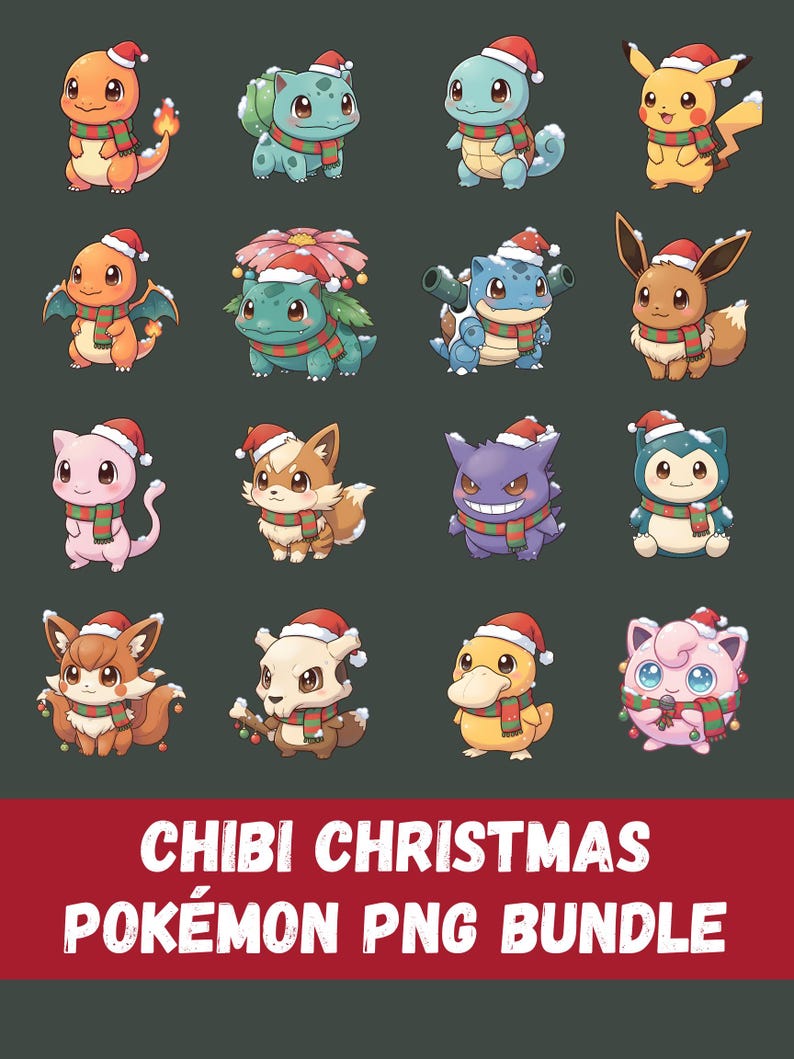 Chibi Christmas Pokemon PNG Bundle, 16 Cute Holiday 2K Clipart for ...