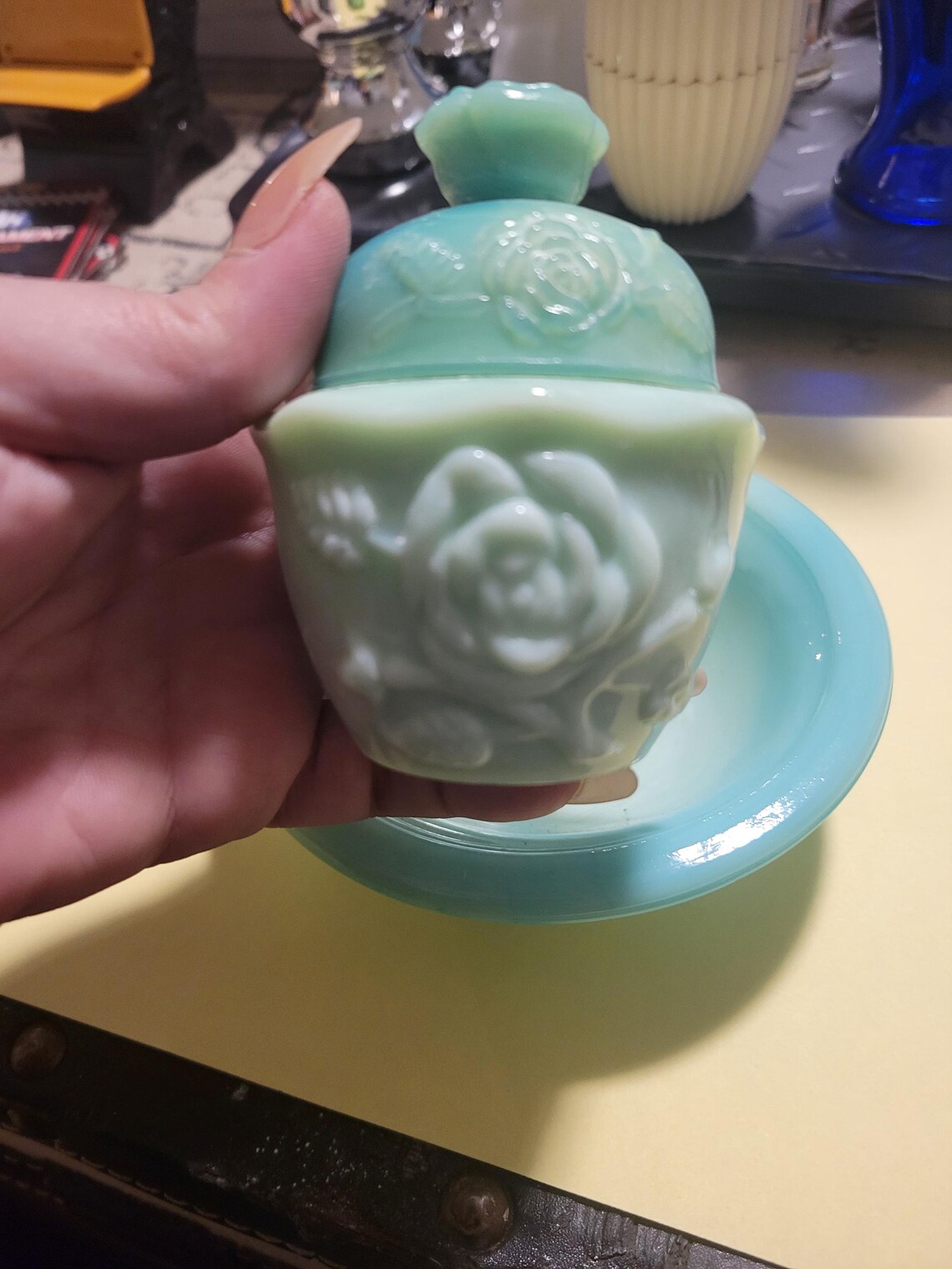 Jade Talc Powder Shaker/decanter With Bowl. Floral Designs. - Etsy