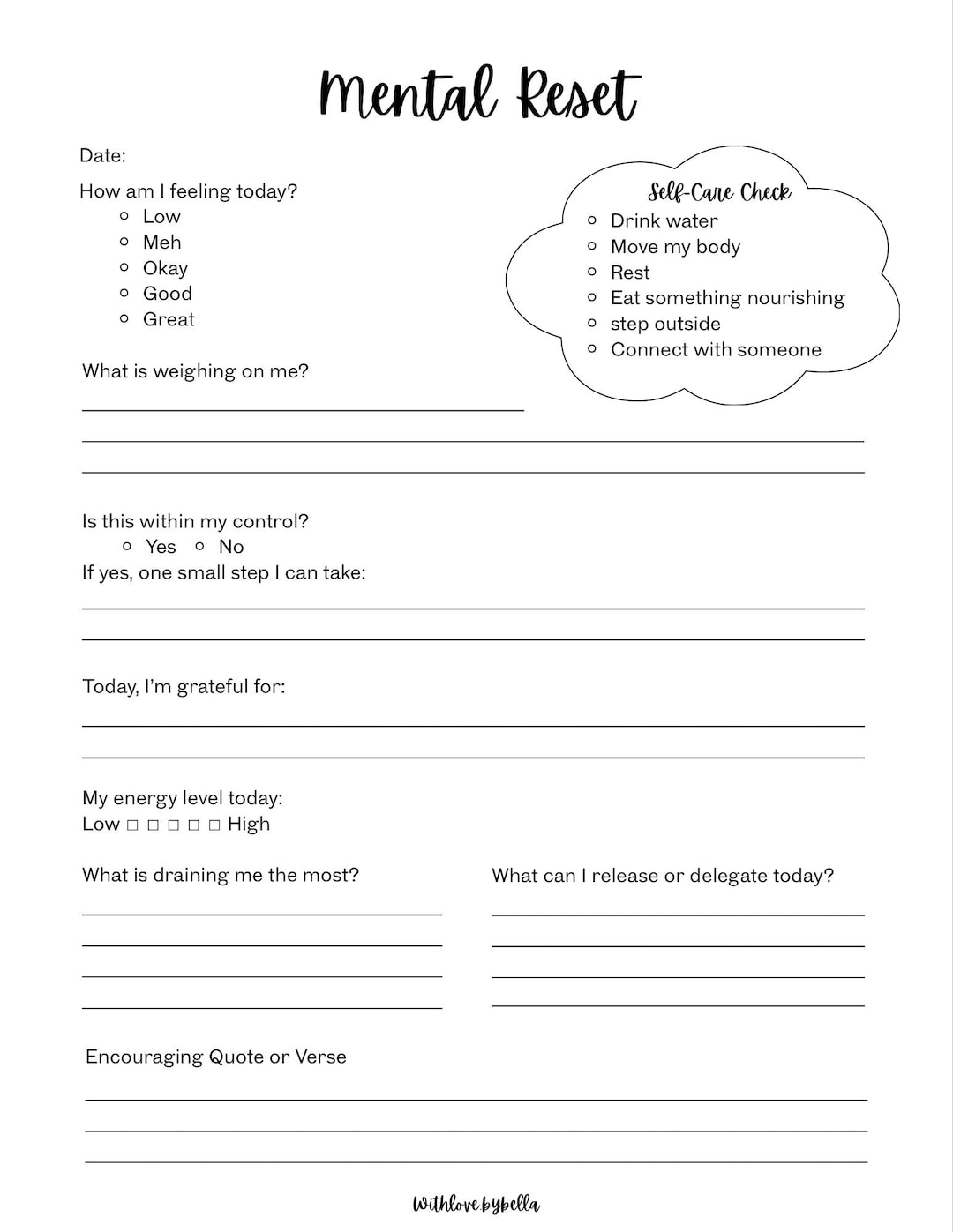 Mental Health Daily Check-in Sheet | Printable Self-care and Mood ...