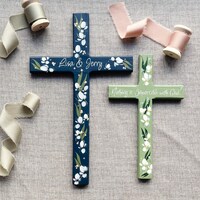 Hand Painted Gold Cross Wood Block Art: Blue Floral Decoupage - Etsy