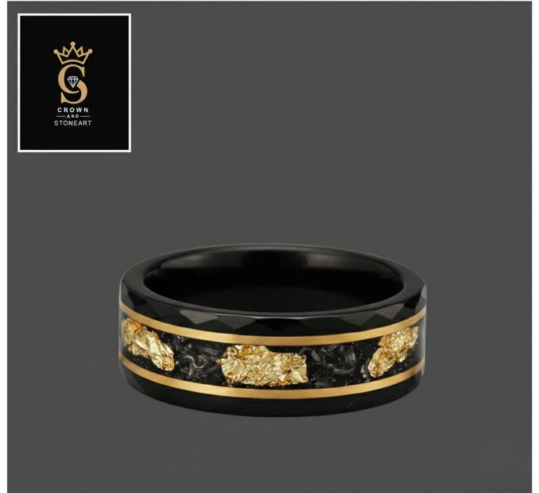 Hammered Black Tungsten Men's Wedding Band: Gold Leaf Inlay ...