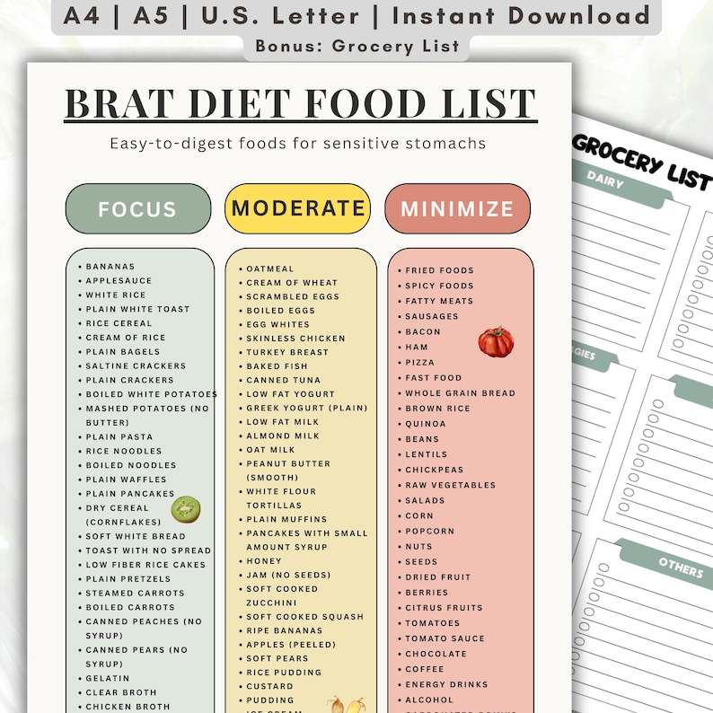 BRAT Diet Food List Printable, Easy to Digest Foods Chart, Focus ...