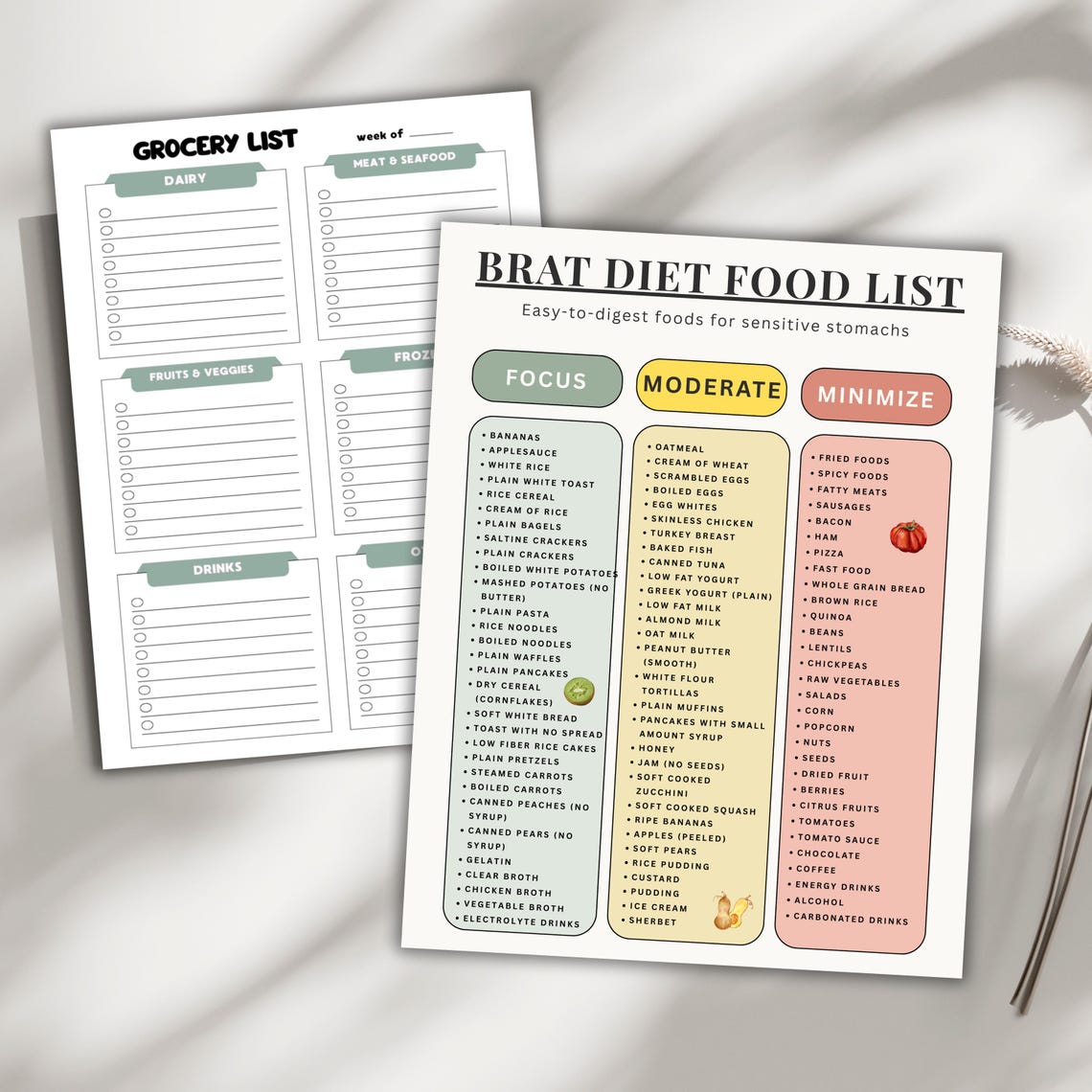 BRAT Diet Food List Printable, Easy to Digest Foods Chart, Focus ...