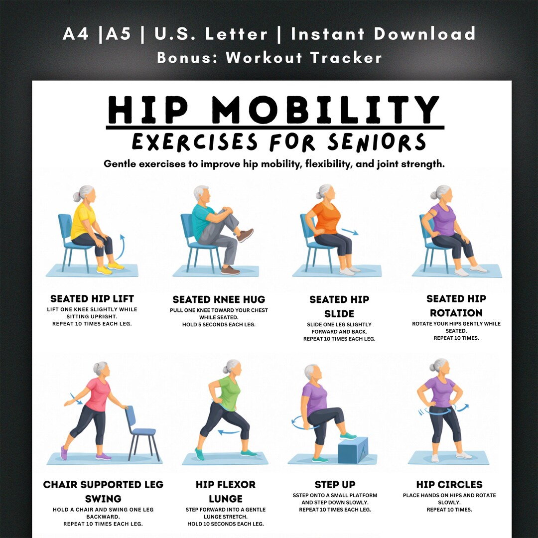 Hip Mobility Exercises for Seniors Printable, 12 Gentle Hip Strength ...