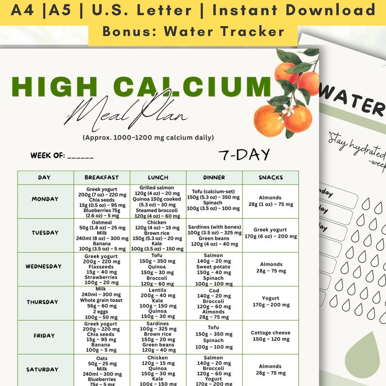 High Calcium 7 Day Meal Plan, Daily Mg Breakdown (PDF) - Etsy