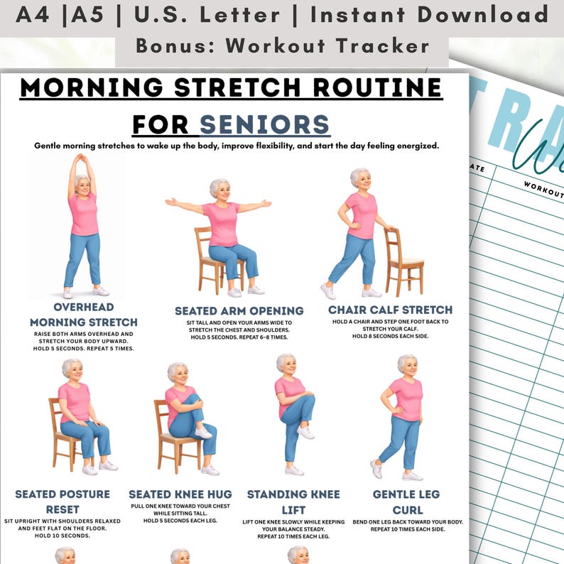 Morning Stretch Routine for Seniors, Gentle Daily Stretch Chart, Senior ...