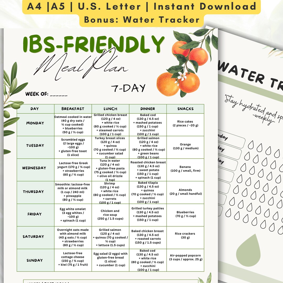 Ibs-friendly 7-day Meal Plan With Water Tracker (PDF Printable A4/A5/US ...