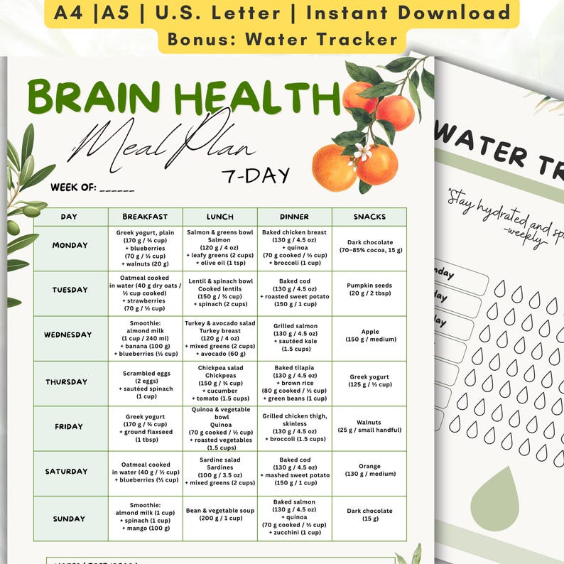 Brain Health 7-day Meal Plan, Cognitive Support, Water Tracker (PDF ...