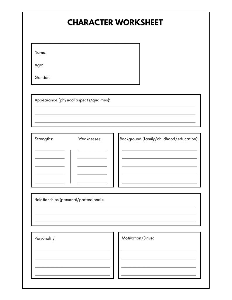 Character Development Worksheet - Etsy