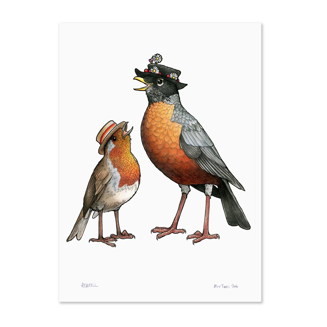 Robin Couple in Hats A3 Birds in Hats Print, European Robin Print ...