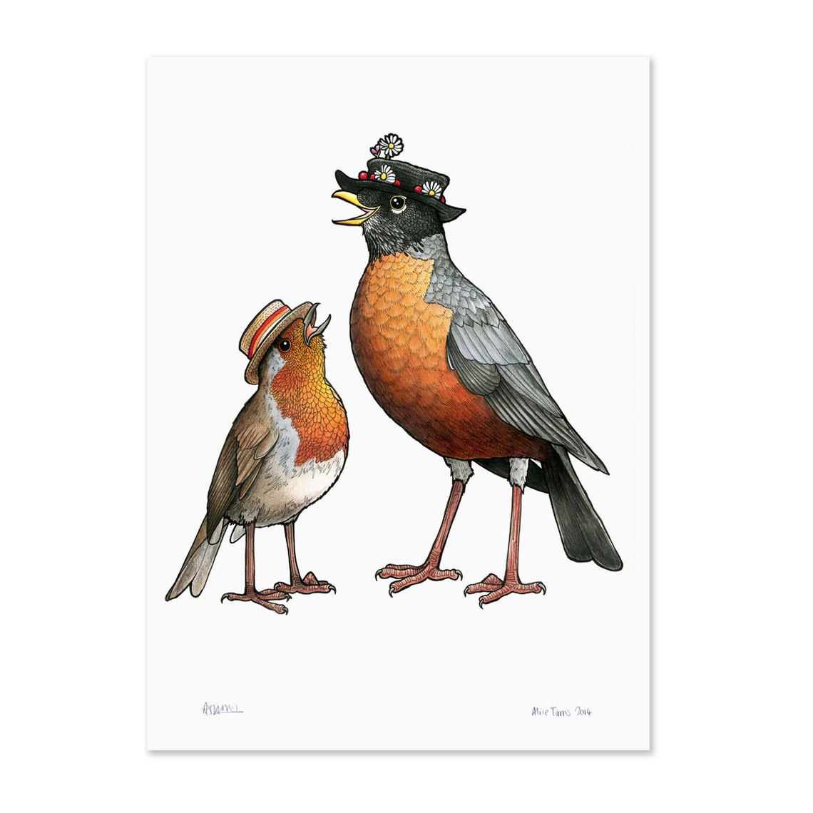 Robin Couple in Hats A3 Birds in Hats Print European Robin | Etsy