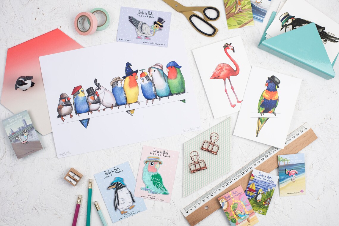 A Row of Birds in Hats A4 Print | Etsy