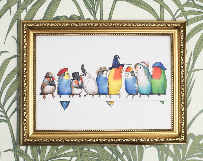 A Row of Birds in Hats - A4 Print - Etsy