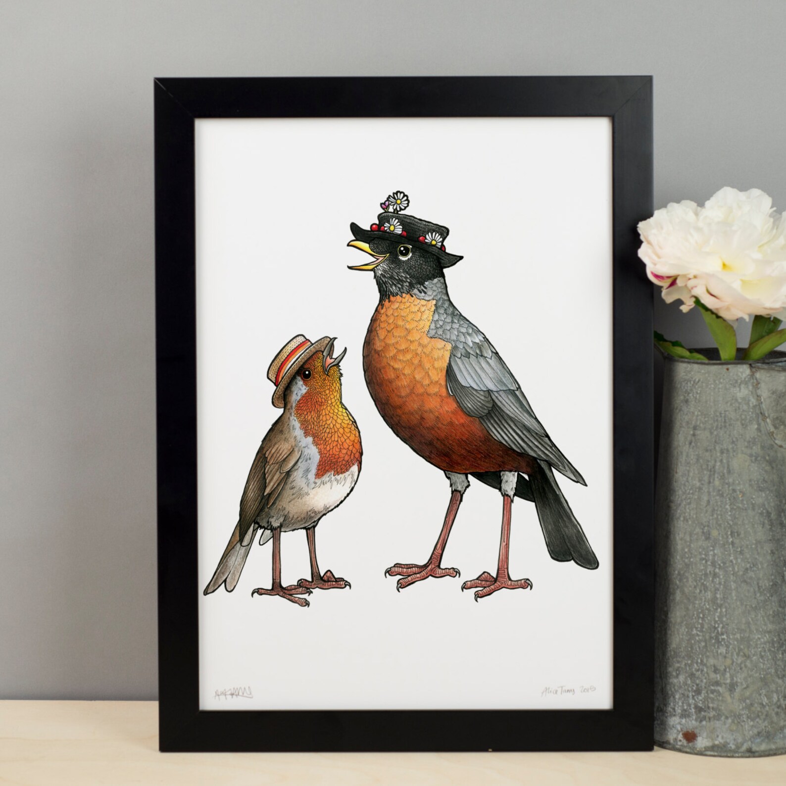 Robin Couple in Hats A3 Birds in Hats Print European Robin | Etsy
