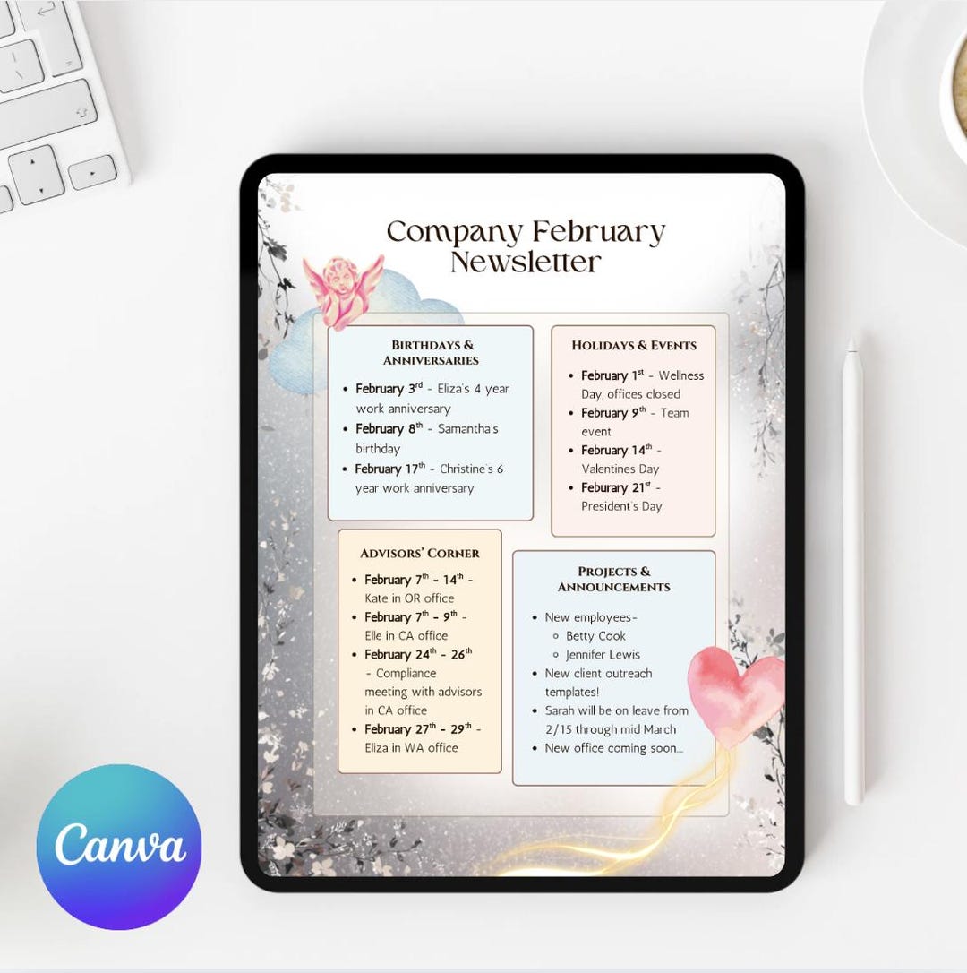 CANVA PRO Floral Hearts Cupid Digital Newsletter Template - Etsy