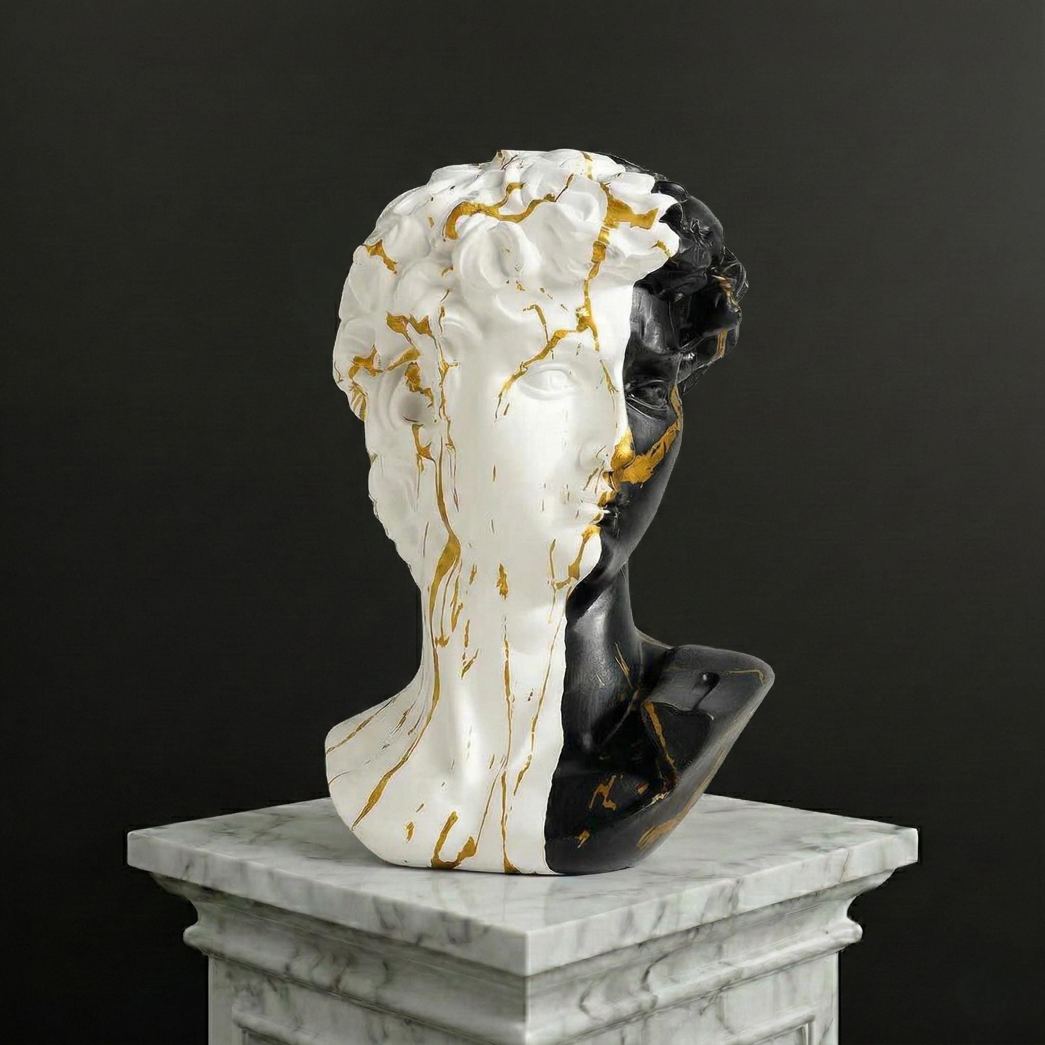 Kintsugi David Bust Resin Sculpture, Black & White Roman Statue Head ...