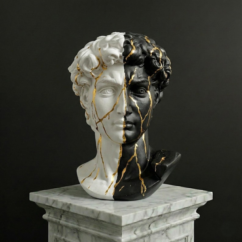 Kintsugi David Bust Resin Sculpture, Black & White Roman Statue Head ...
