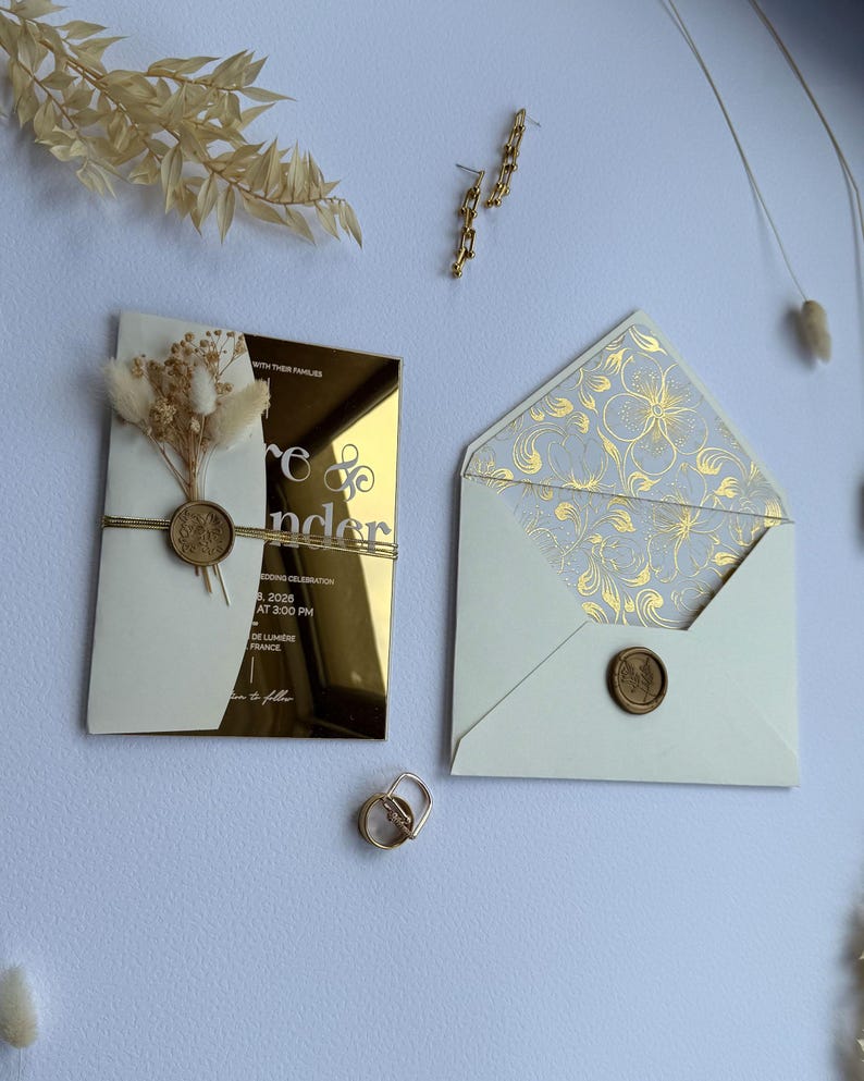 Gold Mirror Acrylic Wedding Invitation Suite: Elegant Monogram Design ...