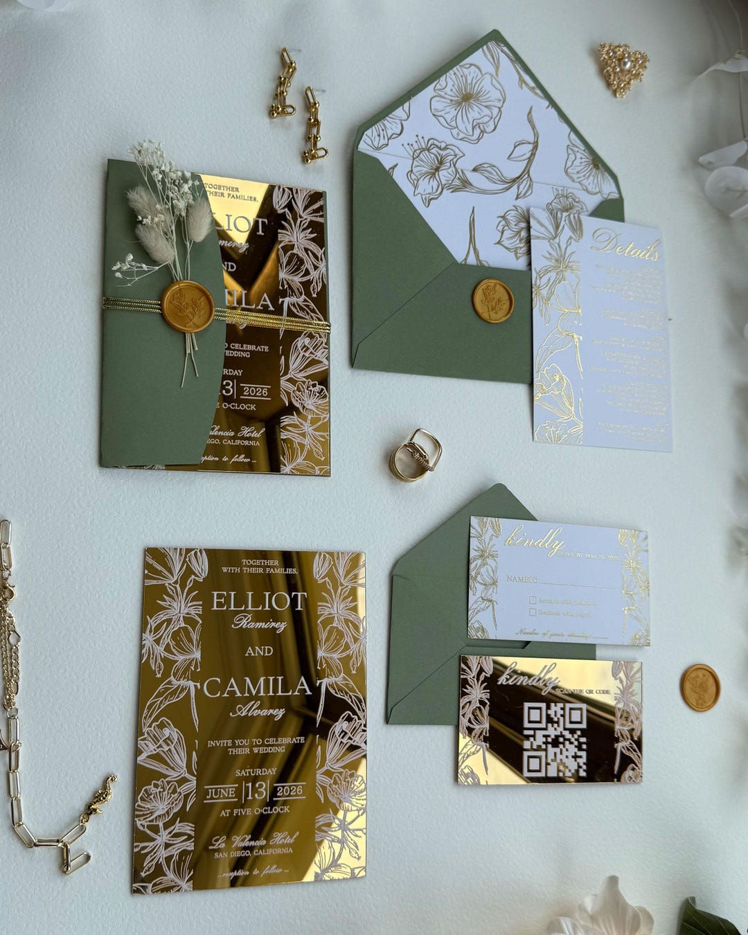 Mirrored Gold Acrylic Wedding Invitation Suite: Floral Details, RSVP - Etsy