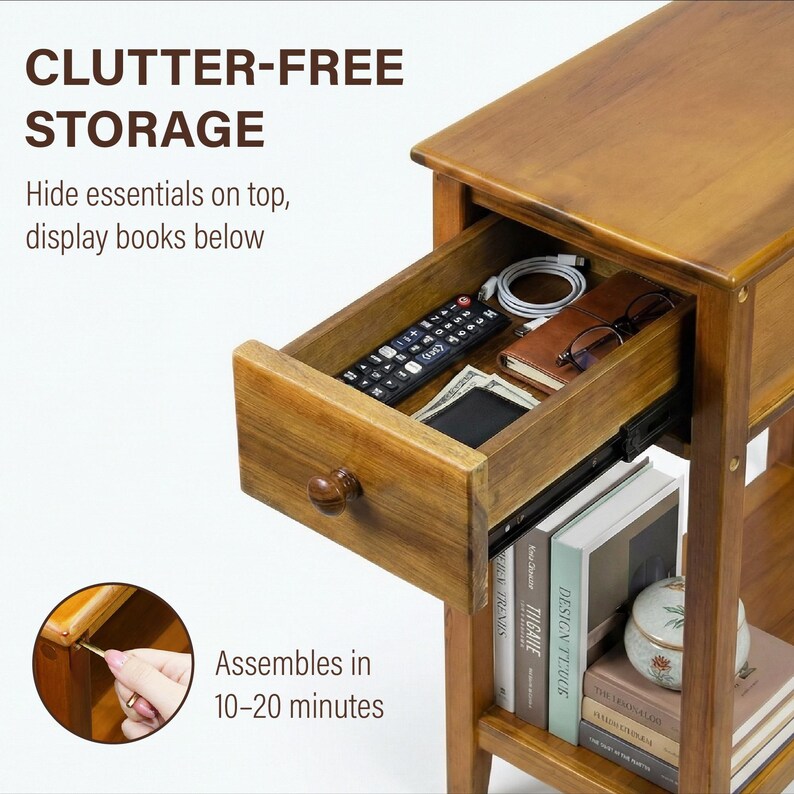 Narrow Acacia Wood End Table, Slim Nightstand With Top Drawer, Side ...