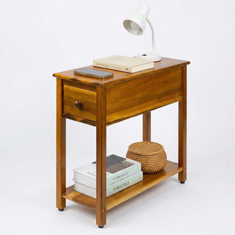 Narrow Acacia Wood End Table, Slim Nightstand With Top Drawer, Side ...