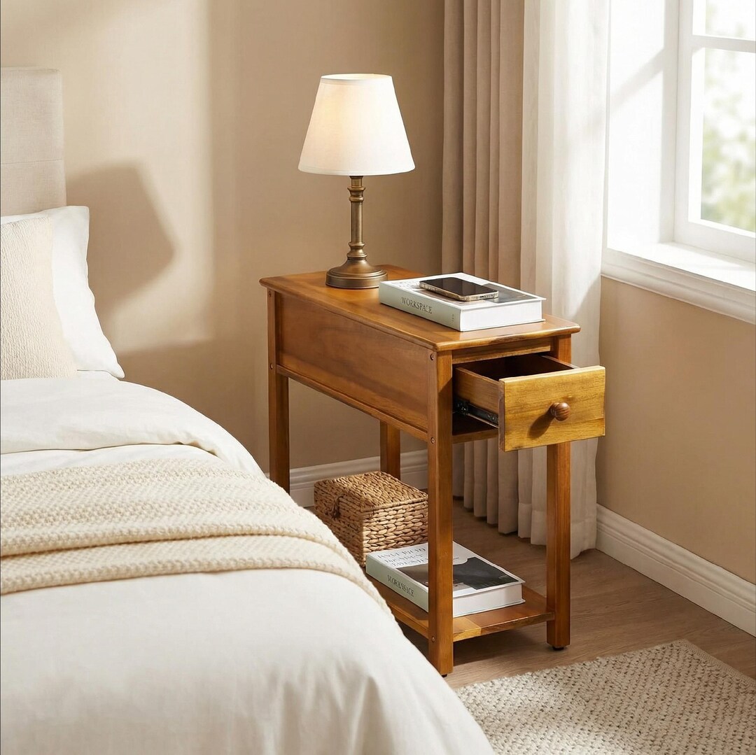 Narrow Acacia Wood End Table, Slim Nightstand With Top Drawer, Side ...