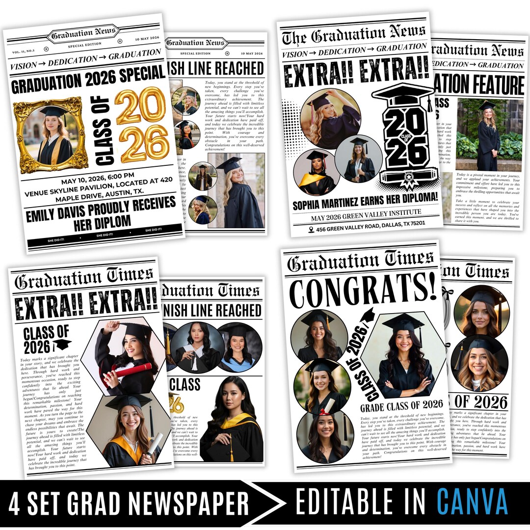 2026 Graduation Newspaper Templates, Set of 4 Editable Canva Designs ...