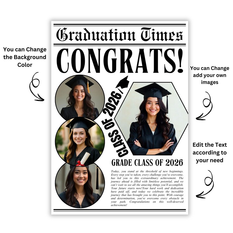 2026 Graduation Newspaper Templates, Set of 4 Editable Canva Designs ...
