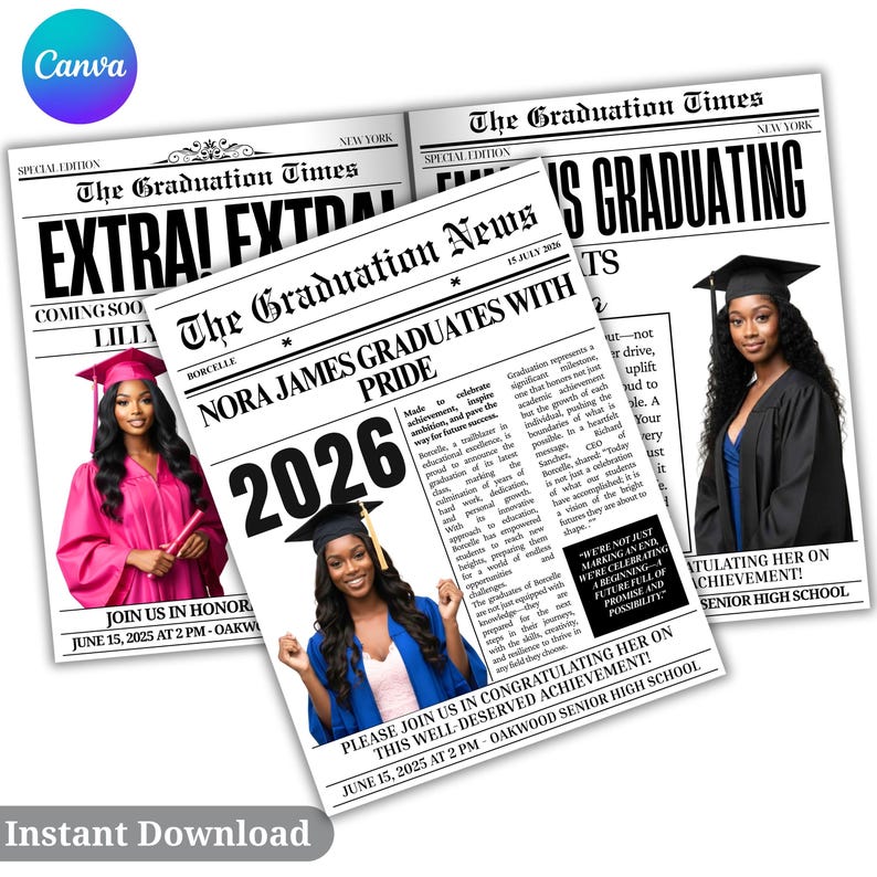 Editable 2026 Graduation Newspaper, Set of 4 Canva Templates, Custom ...