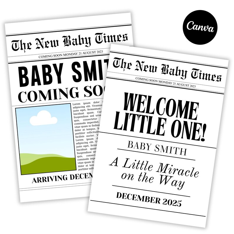 Editable Baby Announcement Newspaper, Canva Template for Pregnancy ...