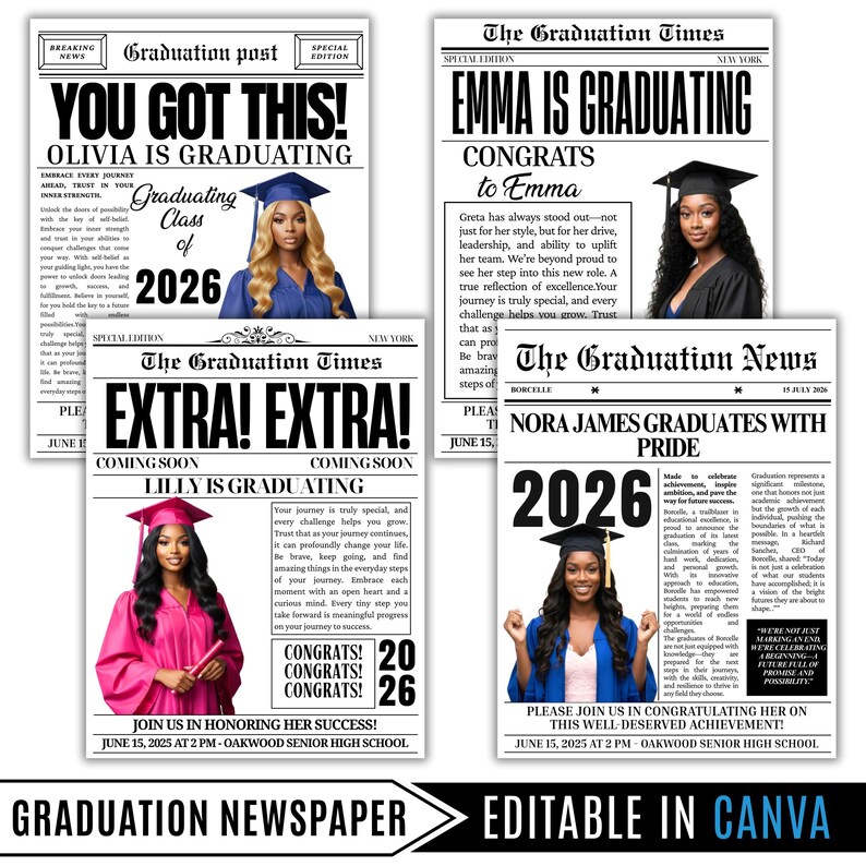 Editable 2026 Graduation Newspaper, Set of 4 Canva Templates, Custom ...