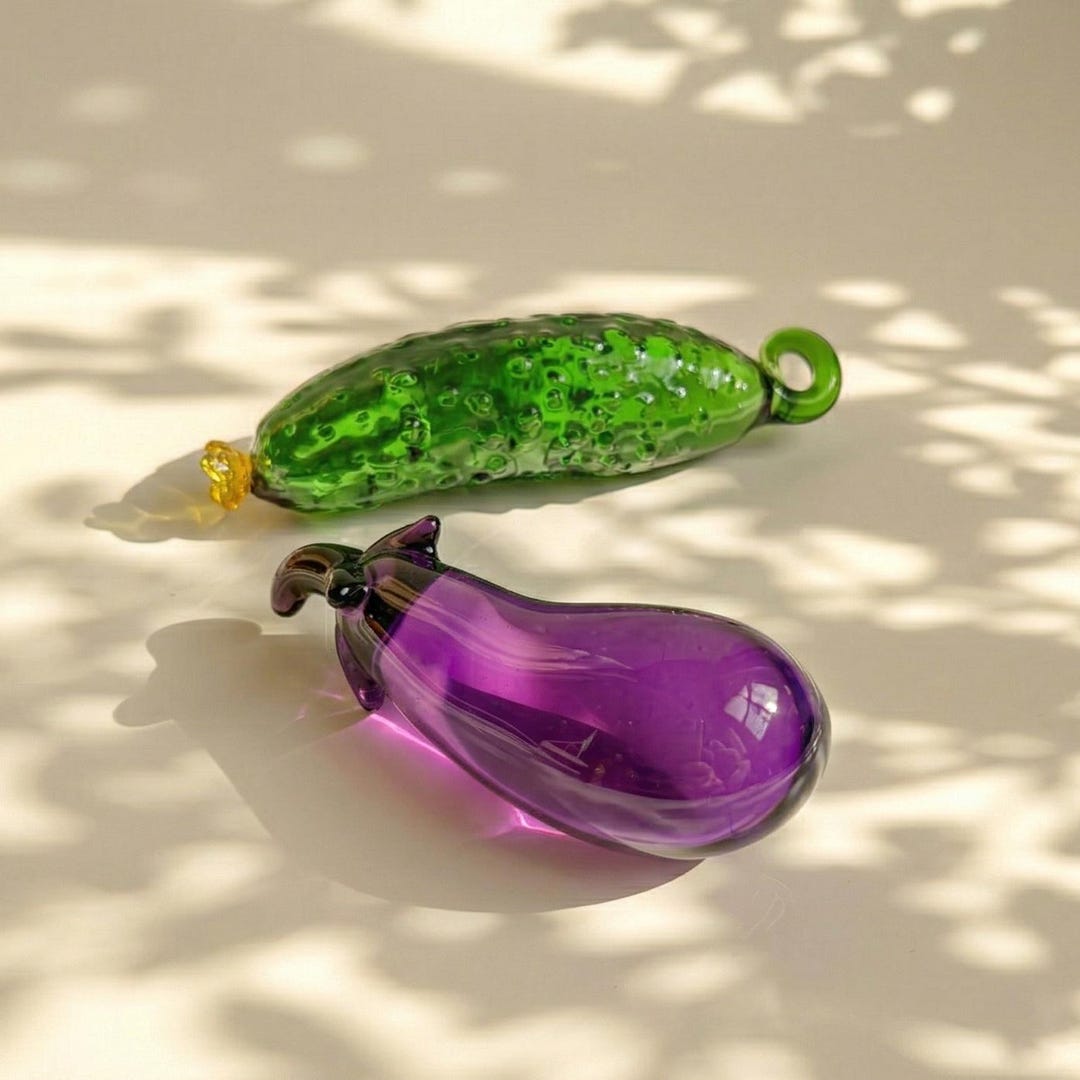 Handblown Glass Cucumber & Eggplant, Playful Miniature Food Sculpture ...