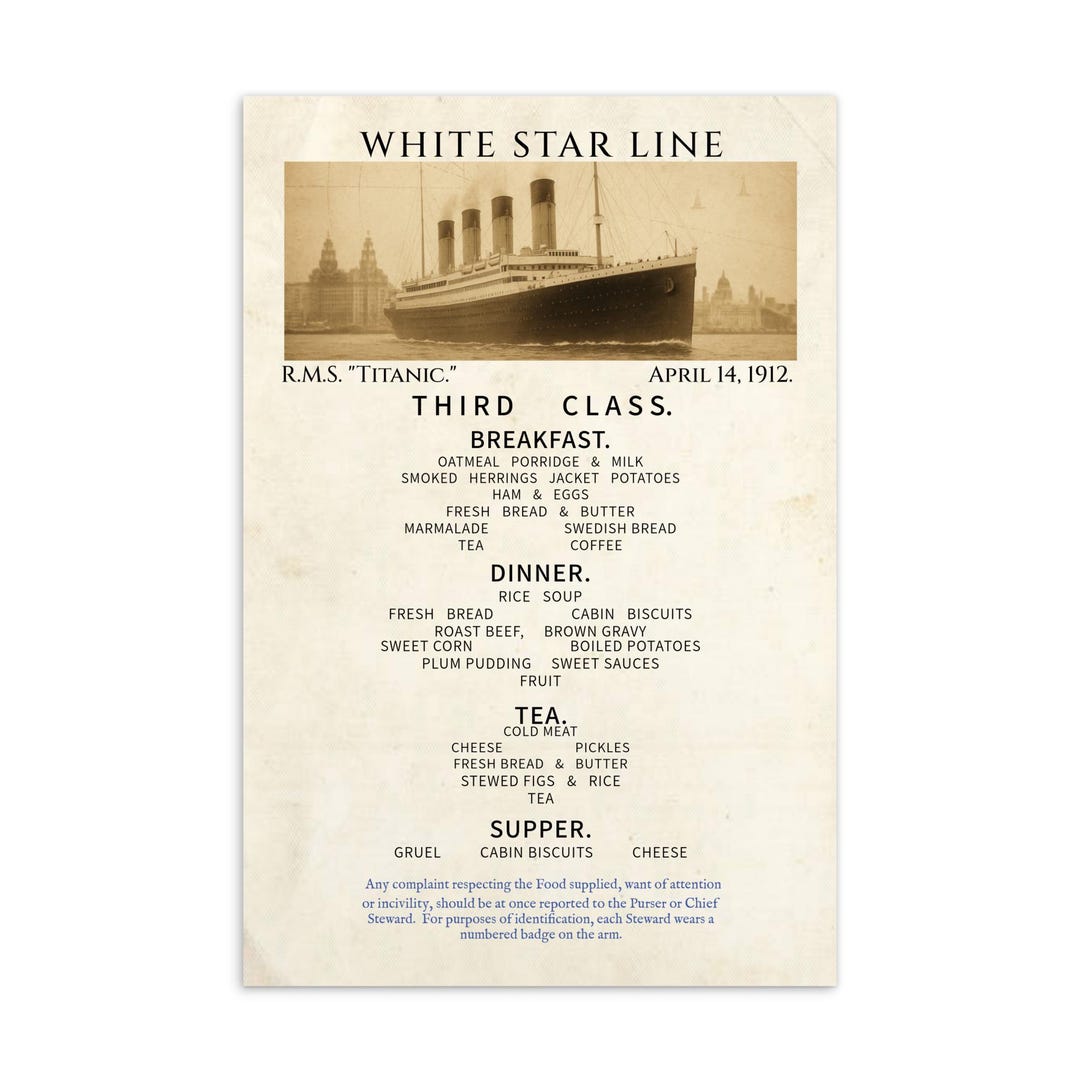 White Star Line - R.M.S. Titanic Third Class Menu Card - Etsy