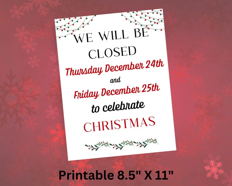 Christmas Eve and Christmas Day Printable Closed Sign 2026, Christmas ...