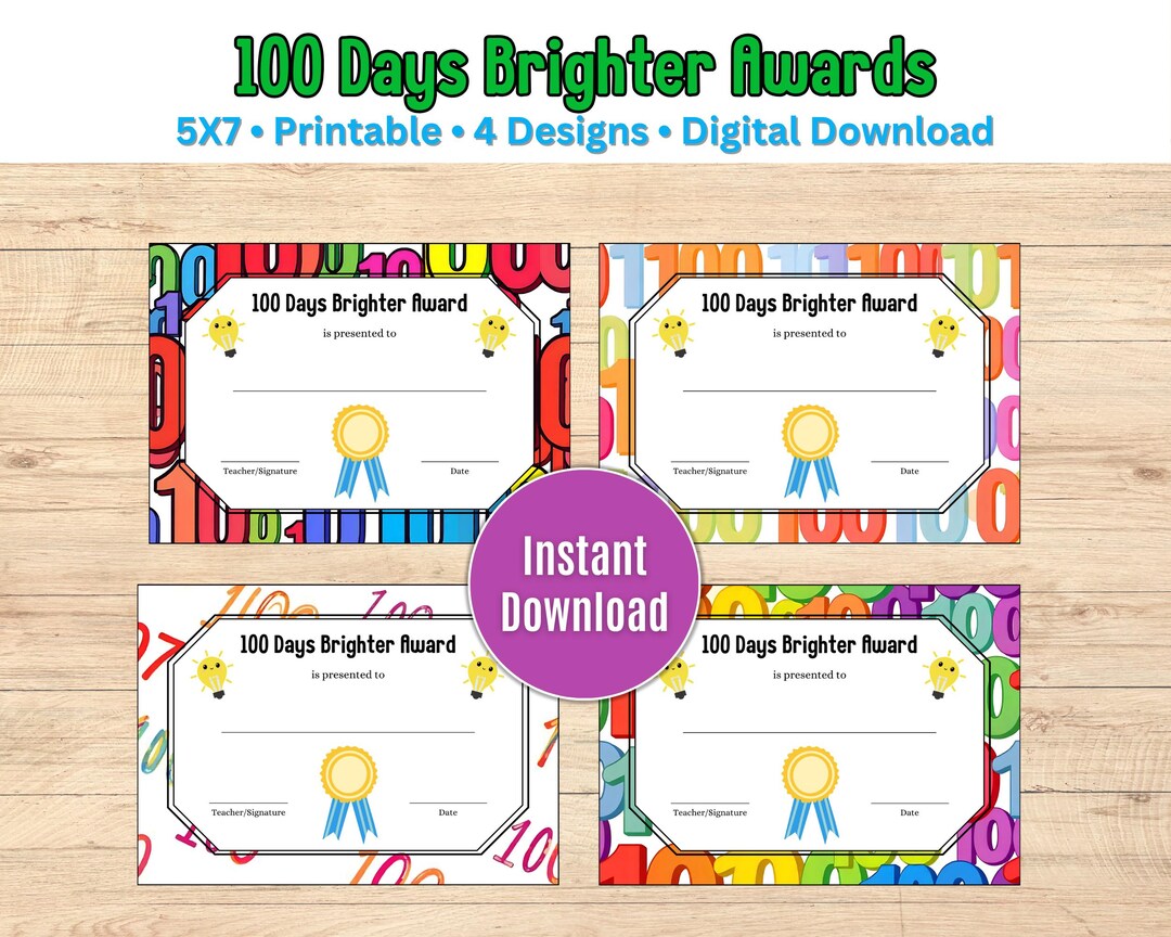 100 Days of School Award, 100 Days Brighter Award, 100 Days of School ...