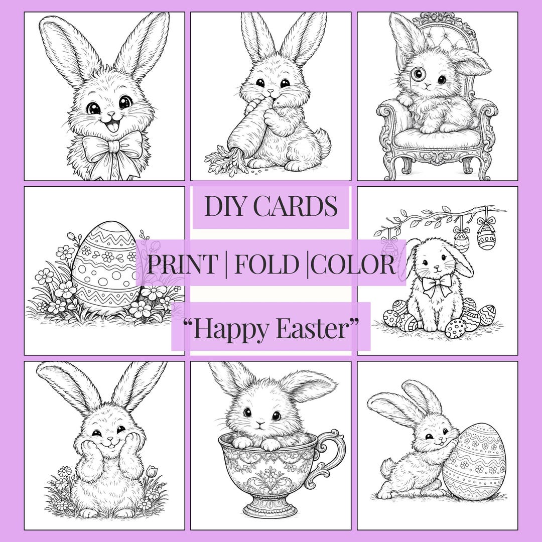 Printable Easter Coloring Cards for Kids – DIY Happy Easter Bunny Cards ...