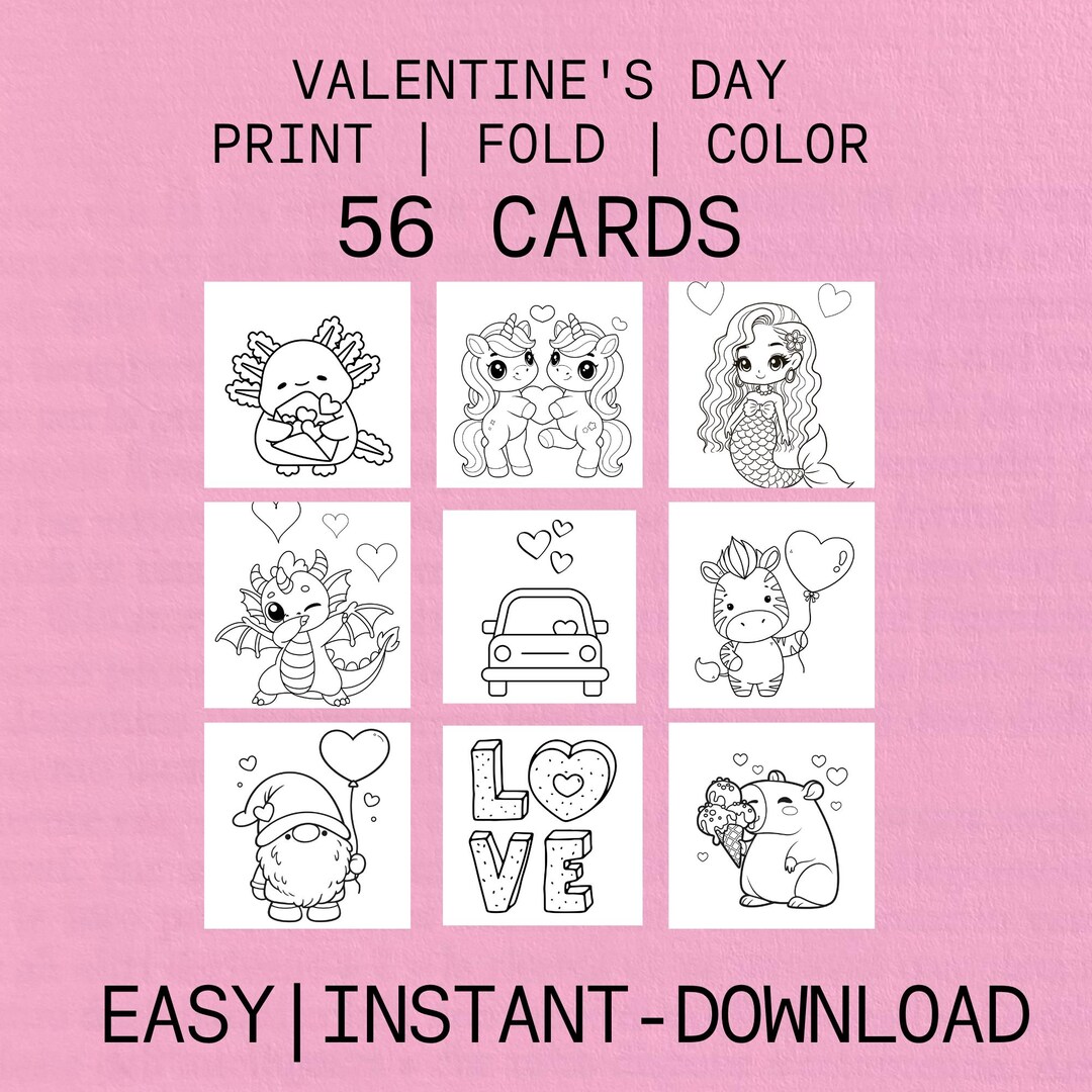 56 Valentine’s Day Cards for Kids | Color-in | Folded | DIY Valentines ...