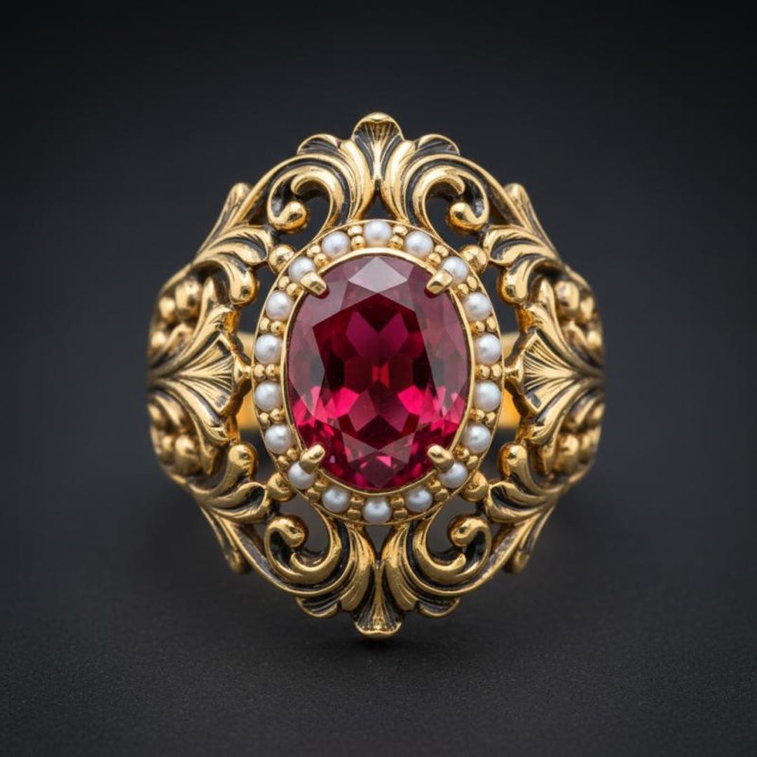 Baroque Ruby Red Statement Ring, Gold Plated Sterling Silver Rococo ...