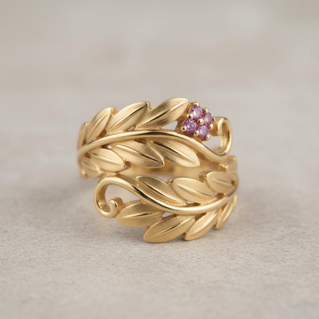 Gold Laurel Leaf Ring, Pink Stone Wrap Ring, Gold Plated Sterling ...